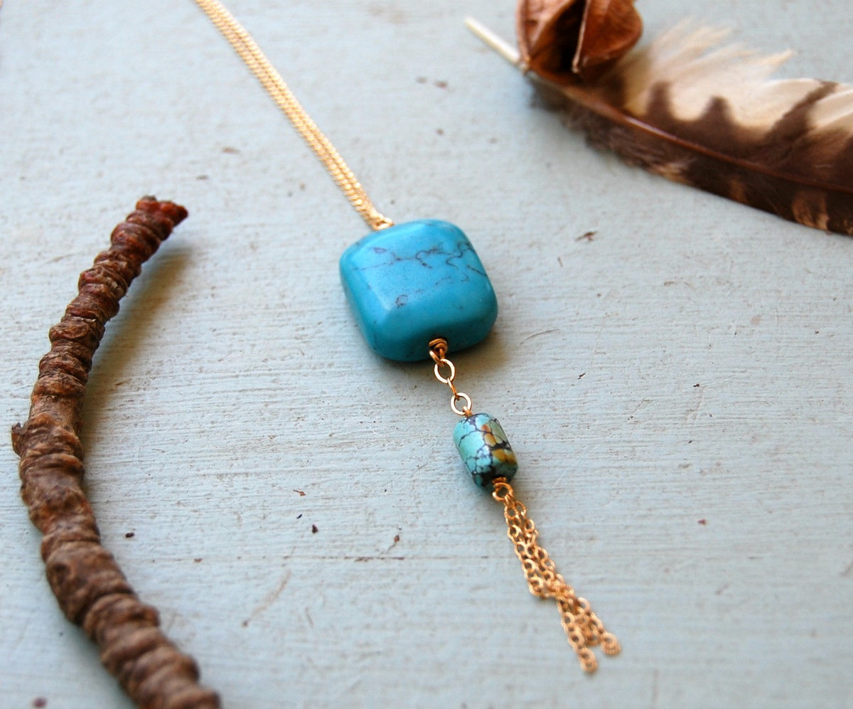 Square Turquoise Pendant with tassel – KBeau Jewelry
